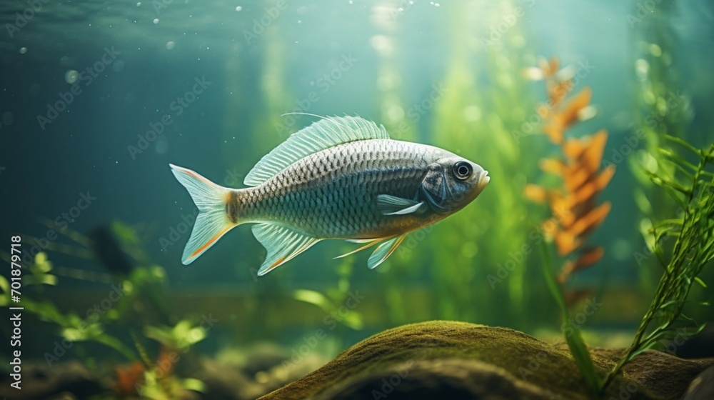 A Rainbowfish (Melanotaeniidae) gliding through a serene, pristine ...