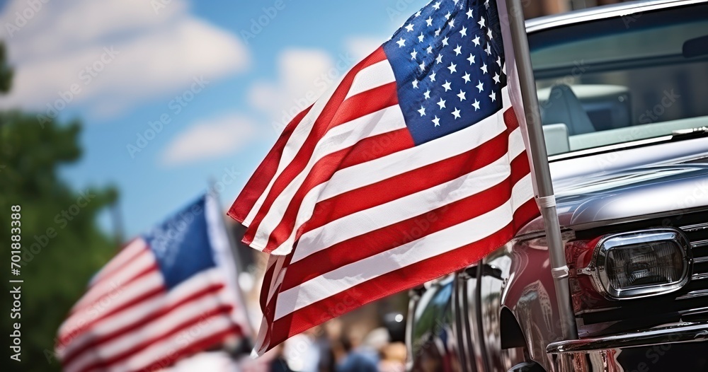 American flag show on 4th of july parade. American flags attached to a ...