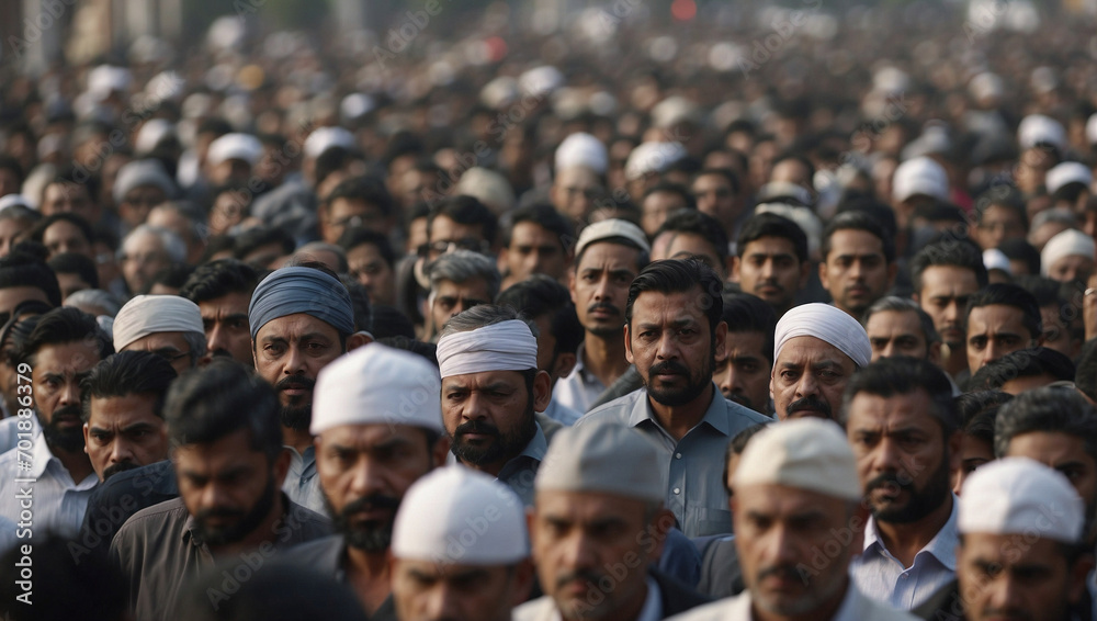 A crowd of Muslim men heading to the mosque to pray. Beginning of the ...