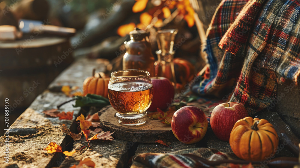 rustic apple cider in glass against a wooden barrel and woolen shawl ...