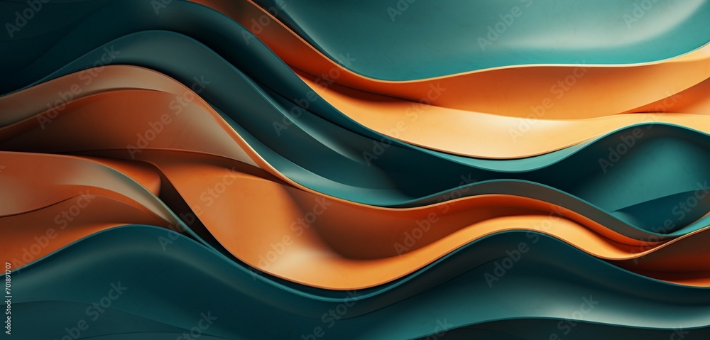 Abstract digital pixel design of flowing ribbons in teal and rust on a ...