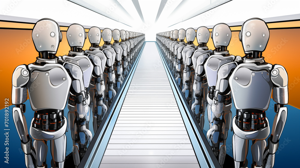 A conveyor belt with identical robots transforming into unique human ...