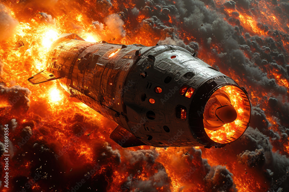 Dramatic image of a spacecraft in a fiery explosion amidst a dangerous ...