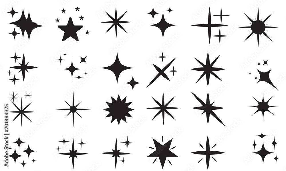 Set of twinkling stars vector. Minimalist twinkle star shape symbols. Shiny sparks. Modern ...