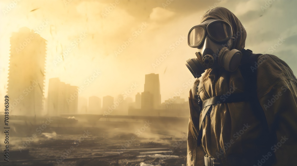 Man In Gas Mask And Hazmat Suit Navigating A World War 3 Post ...