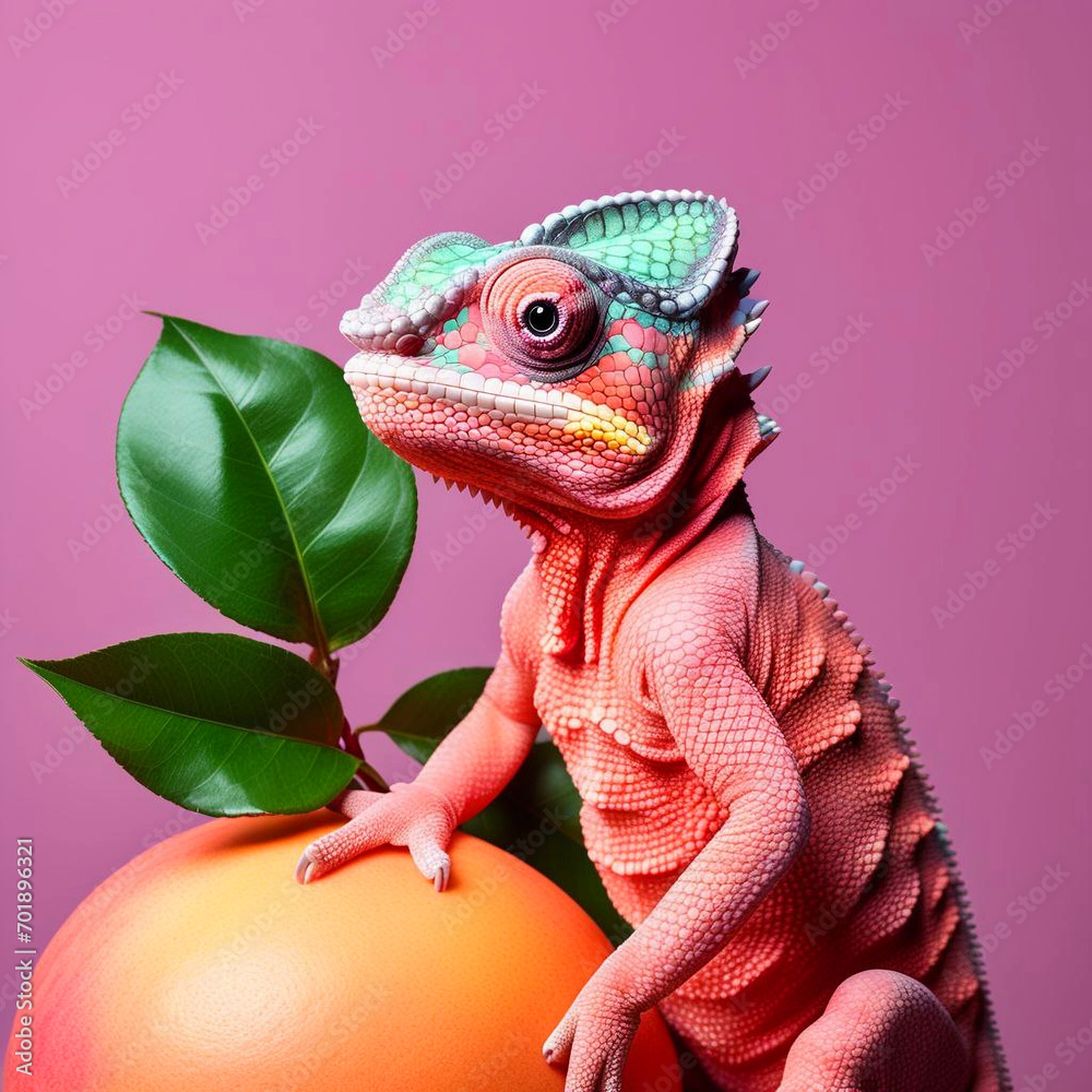 Peach and turquoise colored chamaeleon holding a peach against pink ...