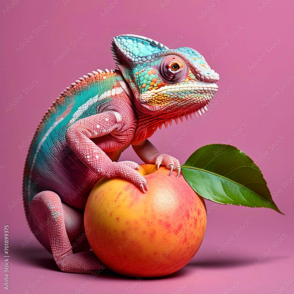 Peach and turquoise colored chamaeleon holding a peach against pink ...