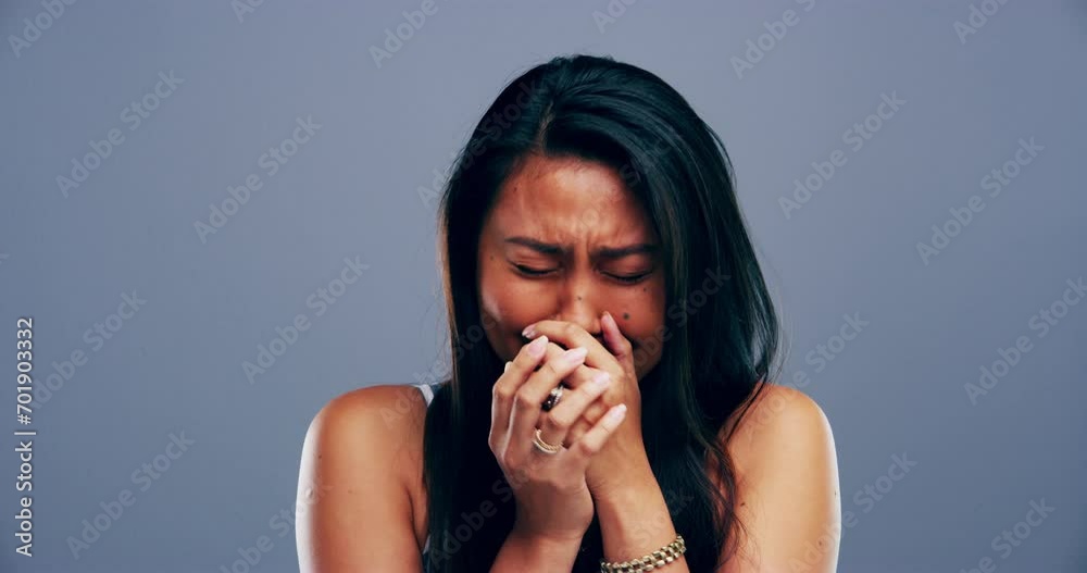 Vidéo Stock Sad, depression and Asian woman crying in a studio with ...