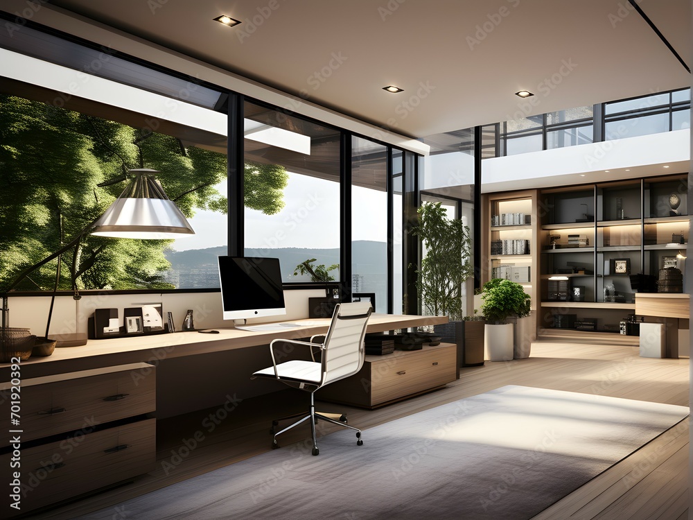 homeoffice büro mit langem schreibtisch am fenster und regal im ...