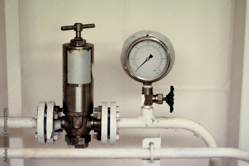 Pressure Reducing Valve. Pressure Gauge Meter. Manometer Close-Up ...