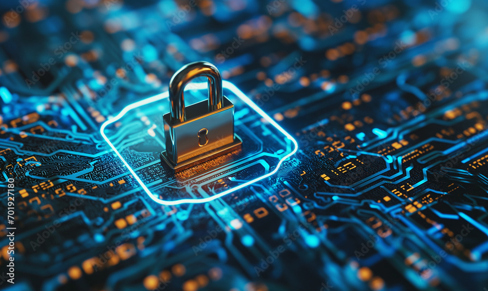 Cybersecurity Fortress: Digital Lock Amidst Glowing Circuitry on a ...