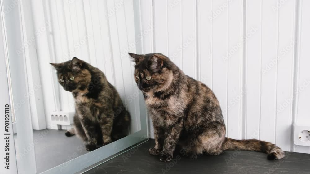 Adorable cat looking in the mirror. Big green eyes. Tortoiseshell ...
