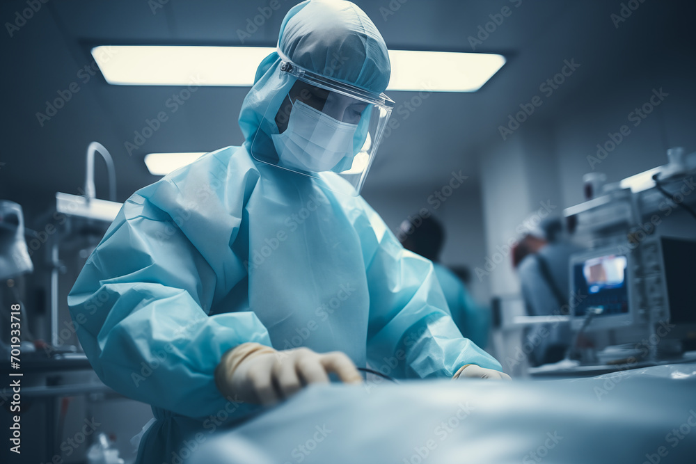 Sterile surgeon in operating room with surgical attire and equipment ...