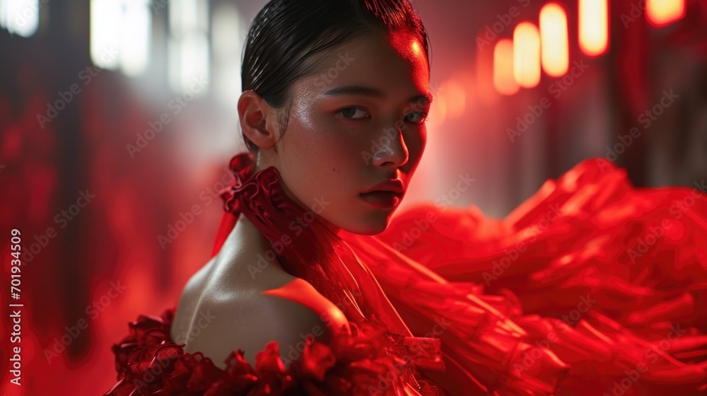 Fashion Photography of exotic woman model in vibrant red silk and ...