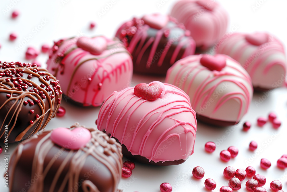 pink and white chocolate candies and pralines isolated on white ...