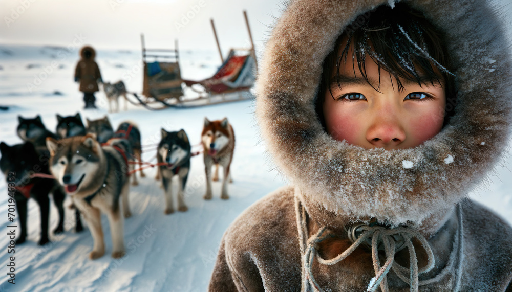 Inuit boy in the snow, wearing Reindeer hide parka with dog fur trim ...