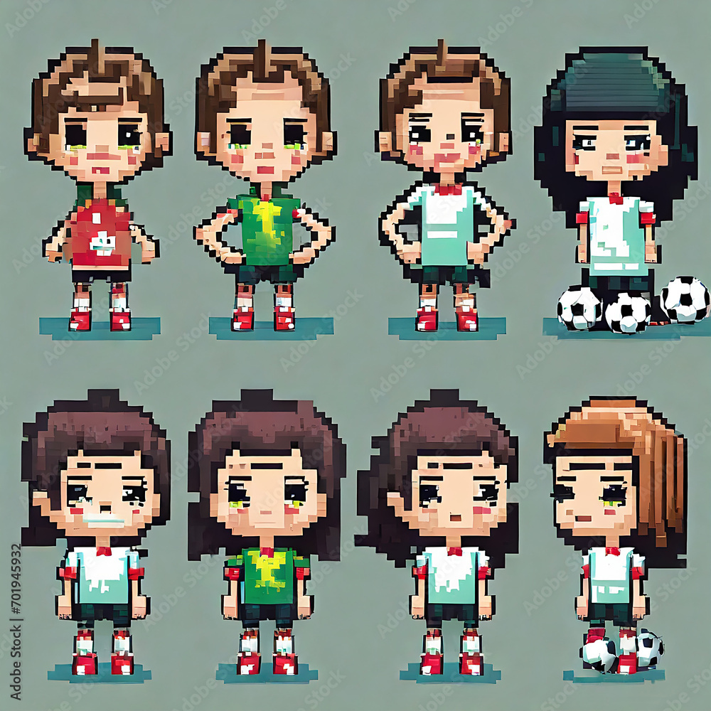 Set of pixel boy and girl soccer players. 8 bit vector illustration ...
