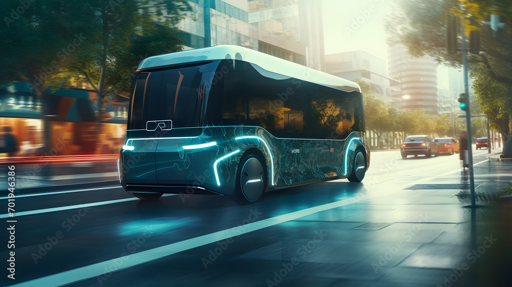 Electric self-driving bus smoothly navigating through a smart urban ...