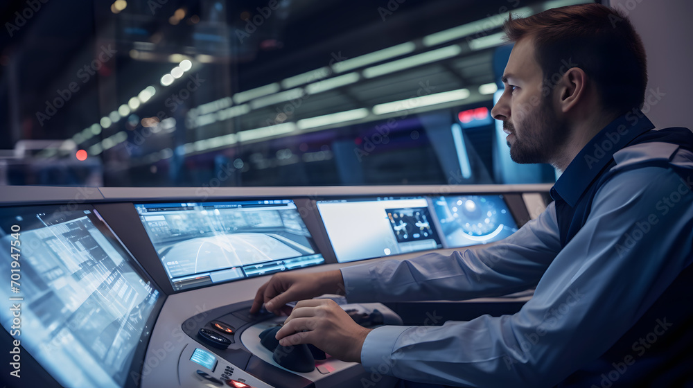 High-speed train operator in the cockpit controlling a maglev train ...
