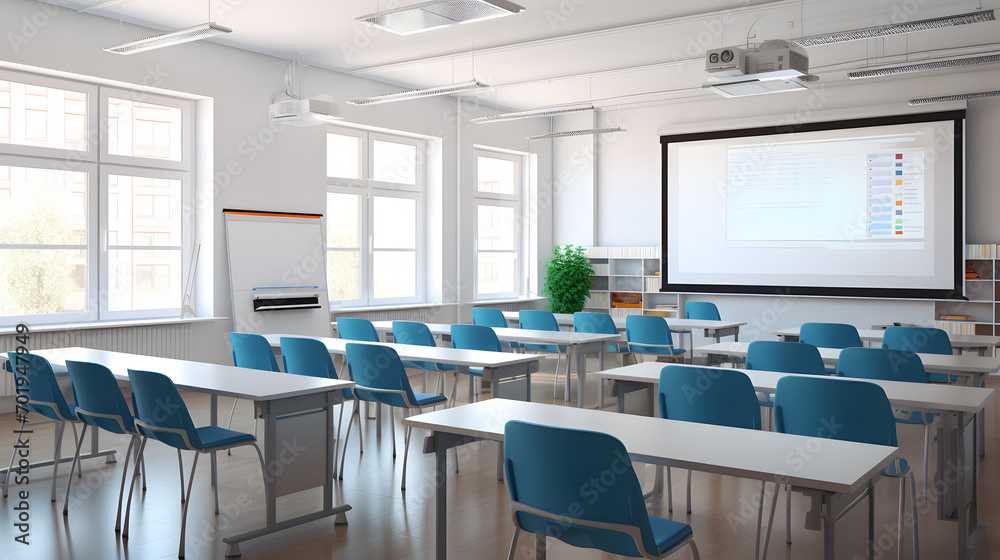Modern classroom equipped with interactive smart boards and digital ...