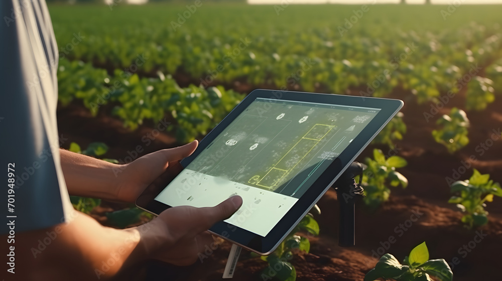 Smart agriculture system with a farmer using a tablet to control ...