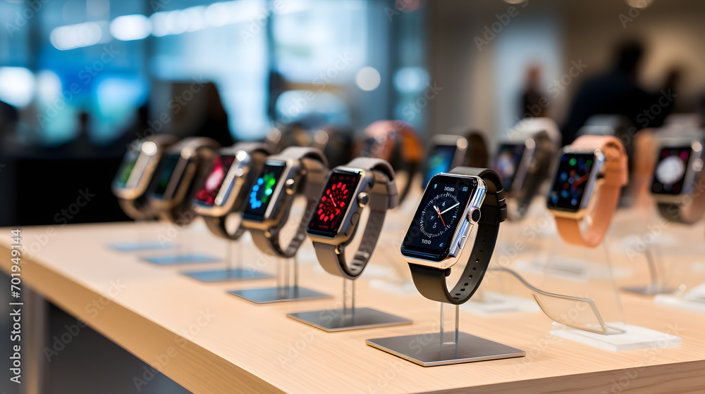 Smartwatch display at a tech store showcasing various models with ...