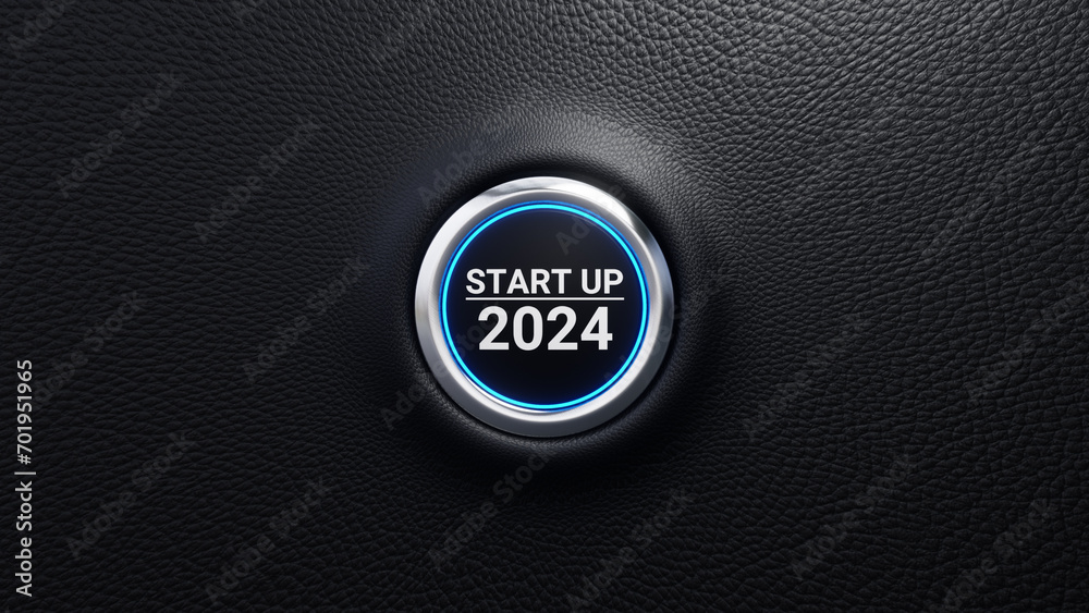 Start Up 2024 push button. Start Up 2024 modern car button with blue ...