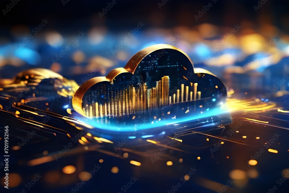 Digital informational technology web futuristic hologram with cloud icon, blue golden light ...