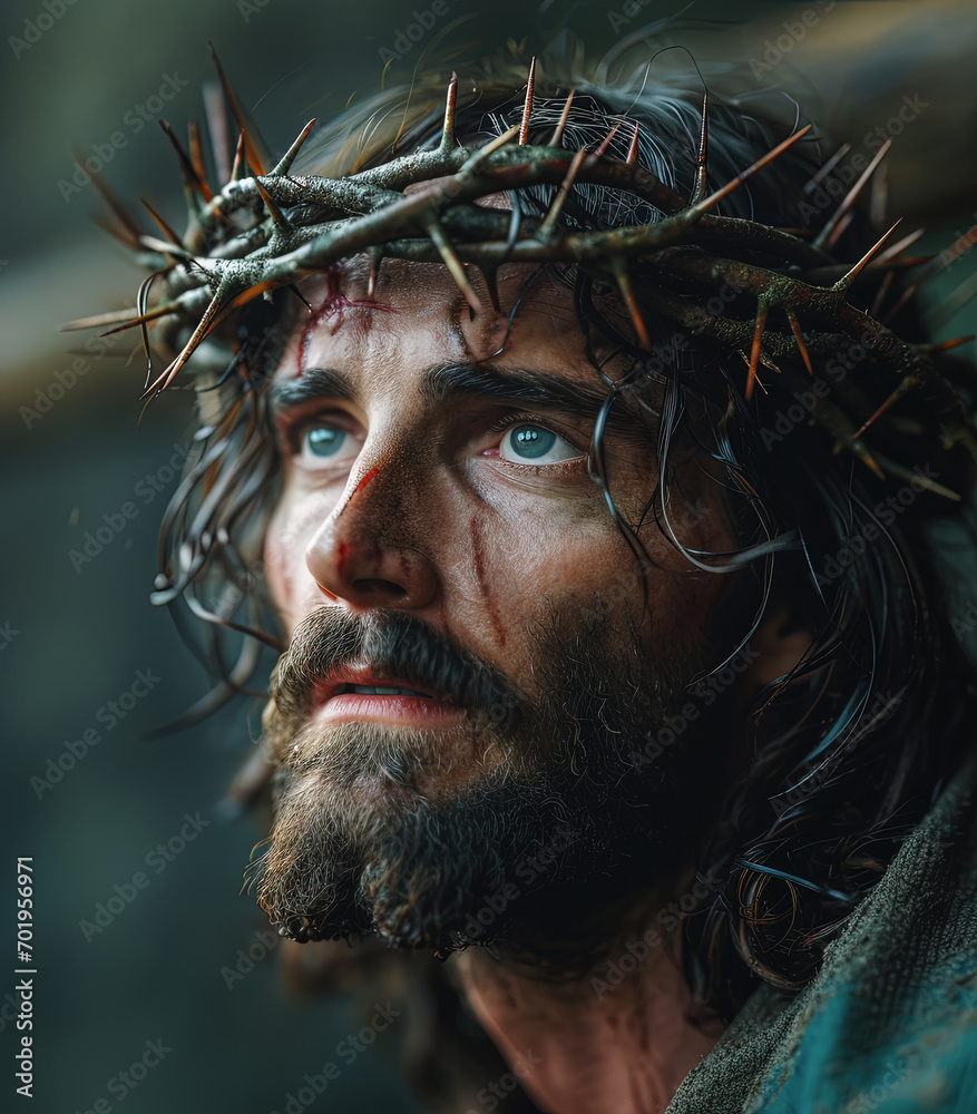 retrato de Jesucristo portando la corona de espinas y mirando hacia el ...