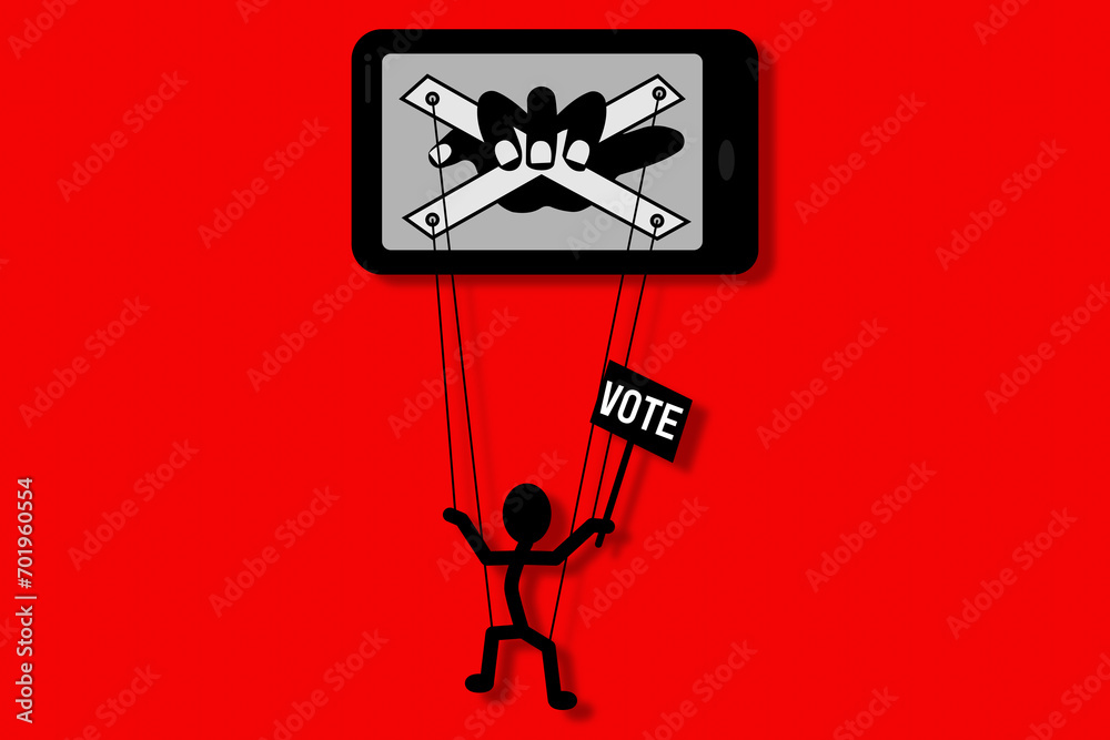 vote puppet on strings being manipulated by a hand on a smart phone ...