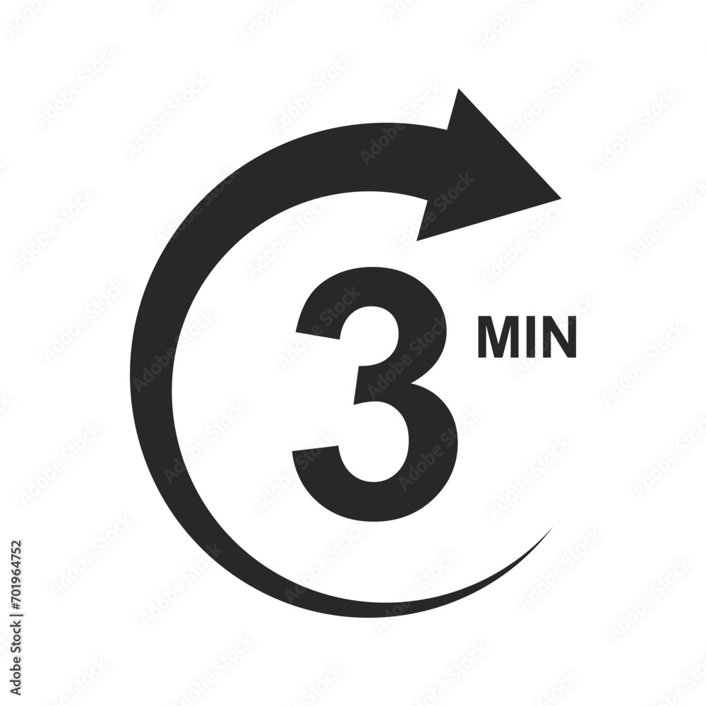 3 min icon with circle arrow. Stopwatch symbol. Three minutes countdown ...