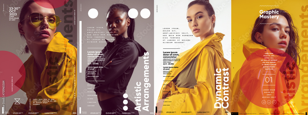 Series of fashion posters with bold color contrasts and dynamic graphic ...