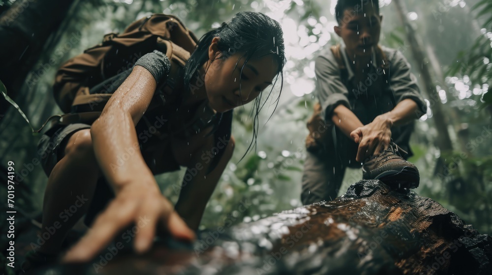 Jungle Challenge: In a low angle shot, an Asian couple attempts to ...
