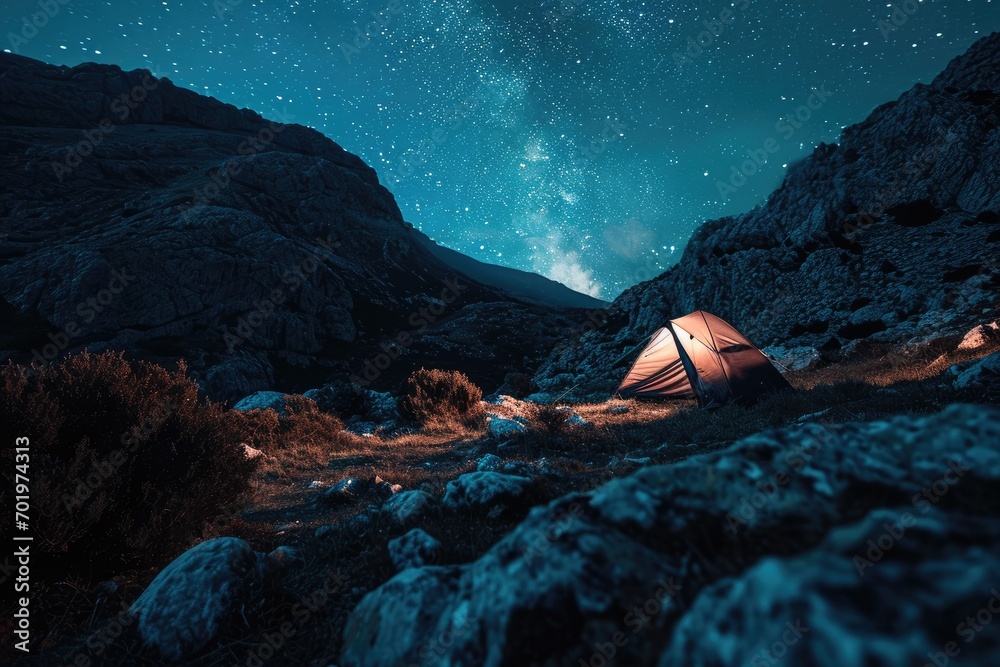 Wilderness Cosmos: In the Albanian wilderness, a trekker's campsite is ...