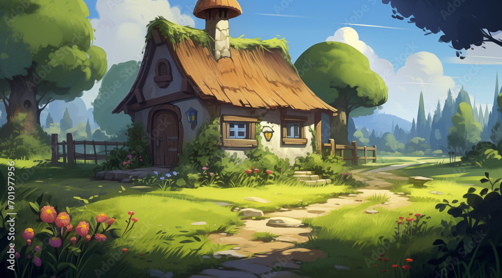 cozy, house, village, cartoon, child, exterior, home, illustration ...