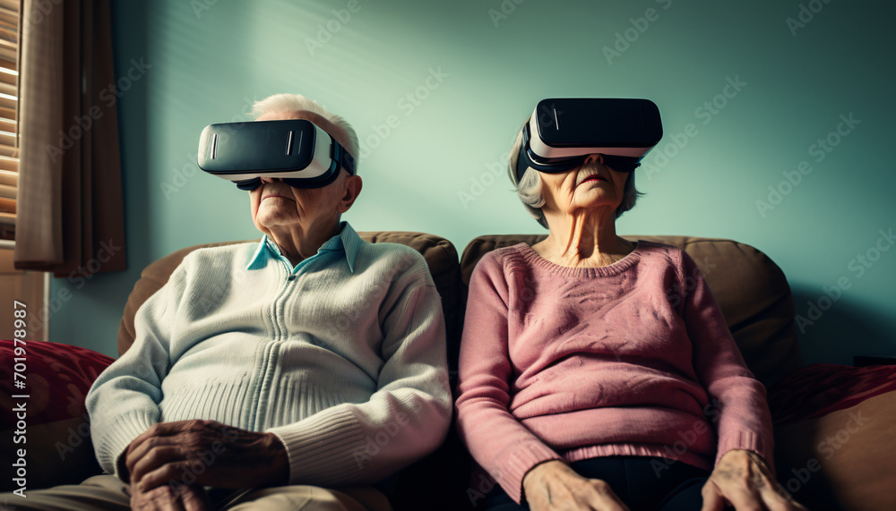 Elderly couple wearing VR headsets sitting in their living room. Old ...