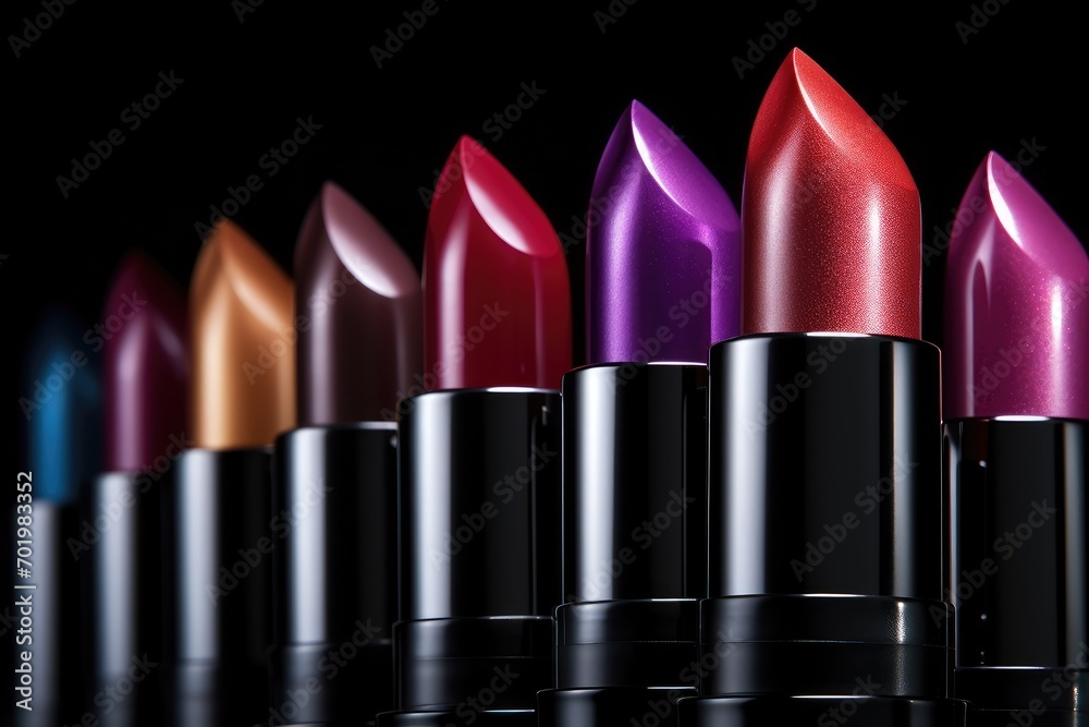 Colorful lipsticks displayed over a black background showcasing a ...
