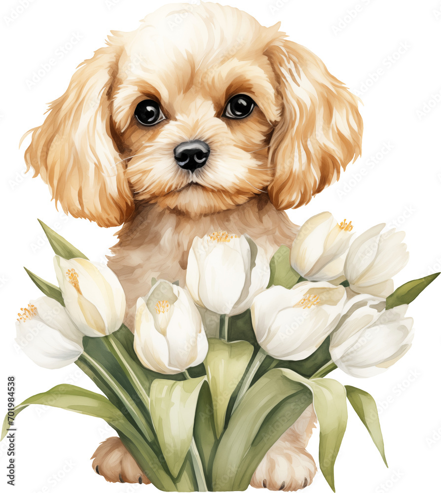 Cavapoo with flowers illustration created with Generative AI technology ...