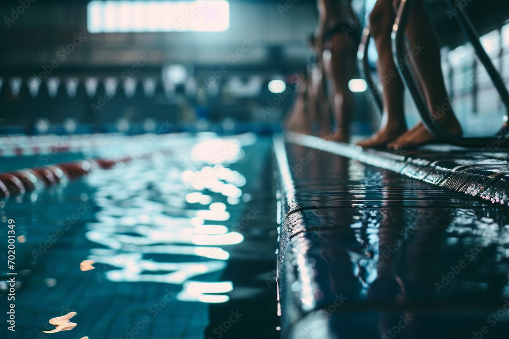 Showcase the prowess of female swimmers standing near the swimming ...