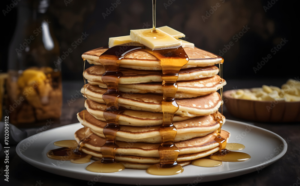 Tall stack of huge fluffy pancakes covered in maple syrup and butter ...