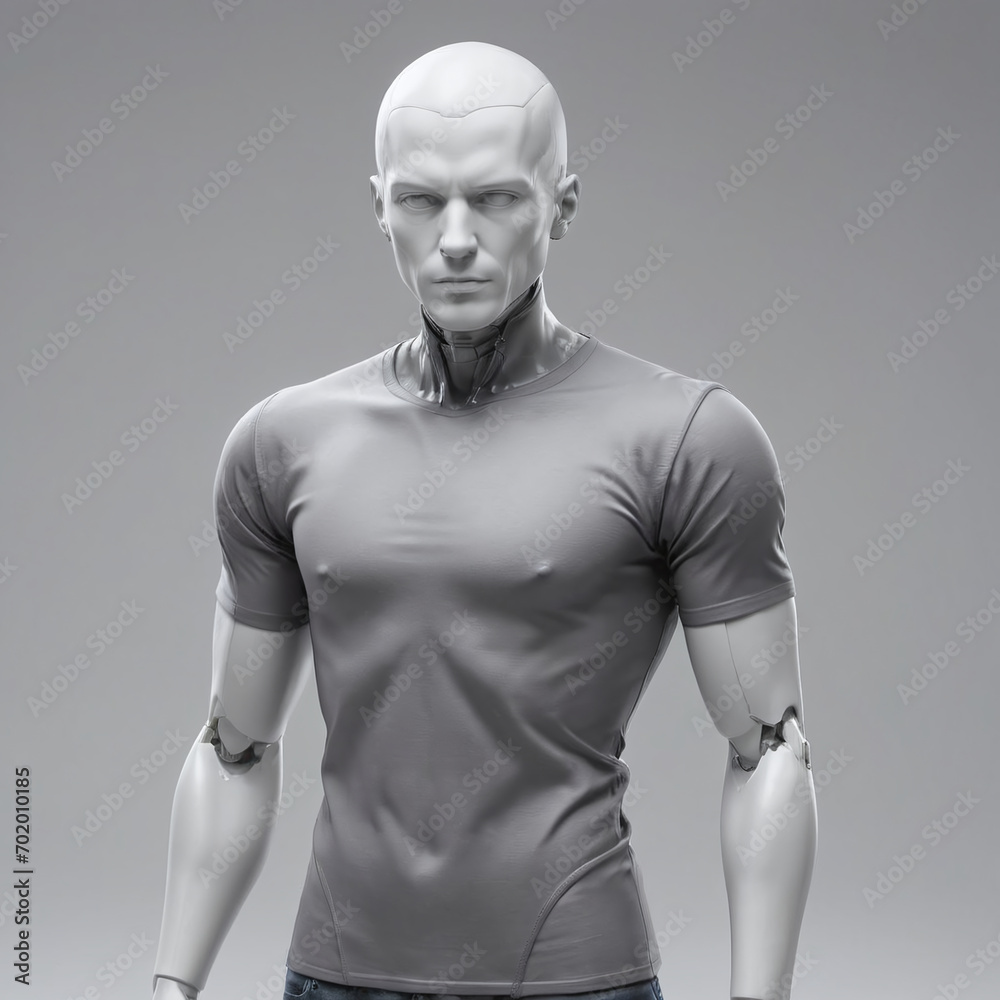 Blank black clean t-shirt in manekin and stand mecha robotic manekin ...