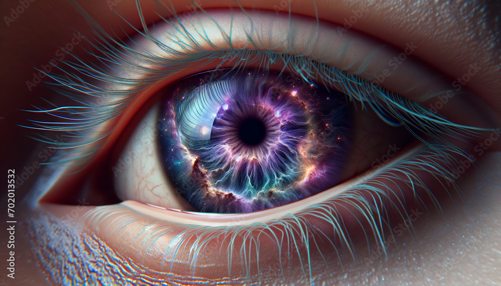 Abstract digital art of a cosmic human eye, iris with galaxies, stars ...