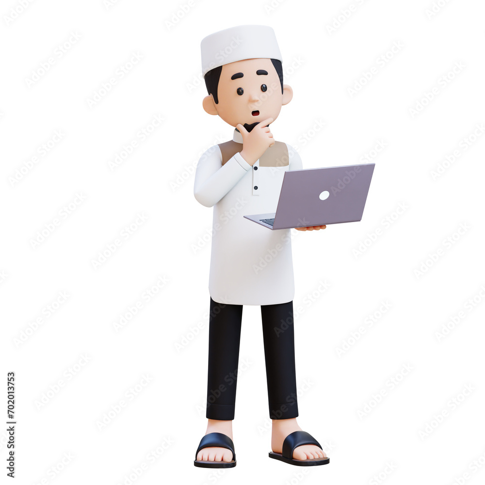 3D Characters of Muslim Man confuse while working on a laptop perfect ...
