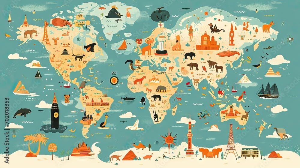 A child-friendly world map, vibrant and educational, designed to ...