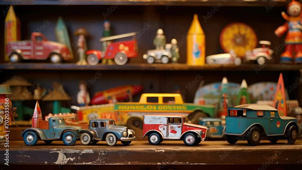 A group of old, tin toys on a dusty shelf, each one carrying its own ...