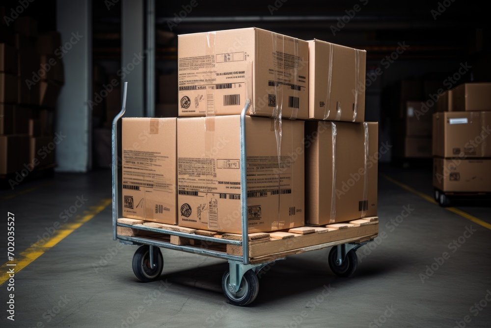 Hand truck with cardboard boxes in warehouse, freight transportation ...