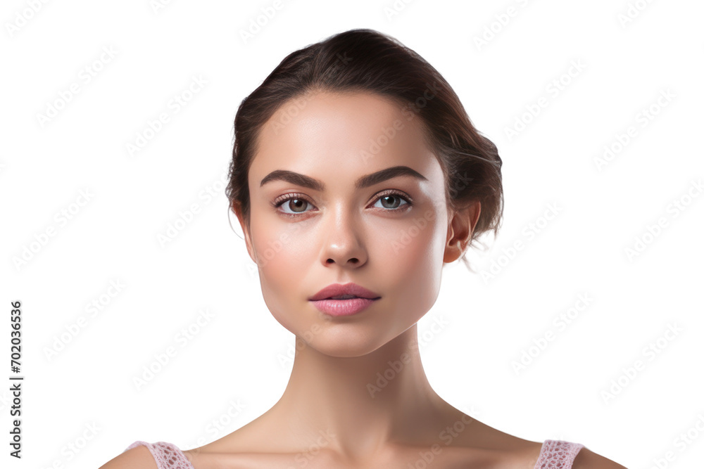 The depth of field emphasizes the face of a beautiful woman with ...