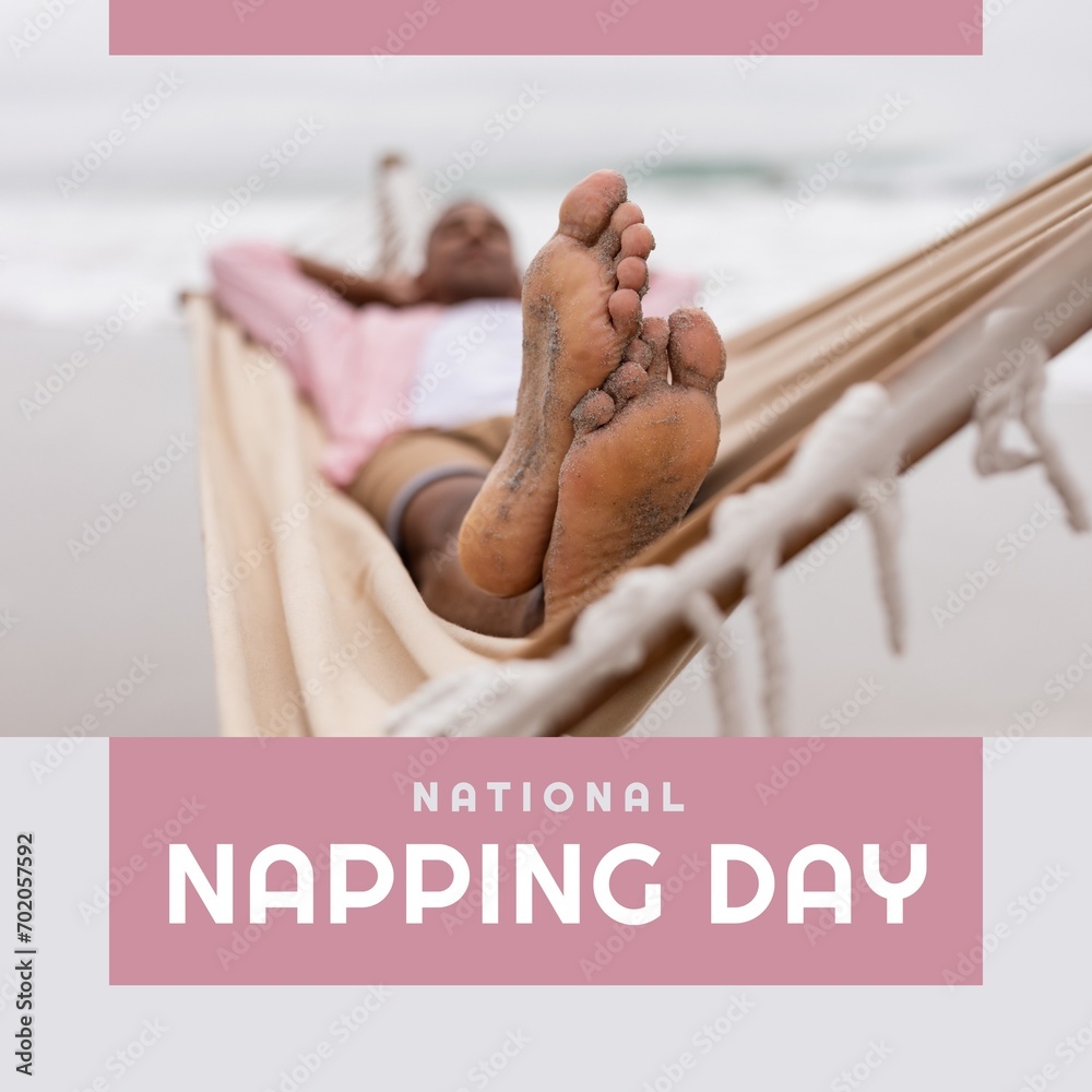 Composition of national napping day text over biracial man sleeping in ...