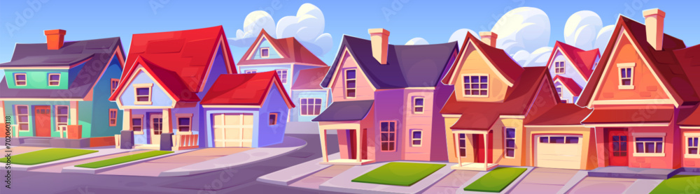 Summer suburban landscape with house in row on street with green grass ...