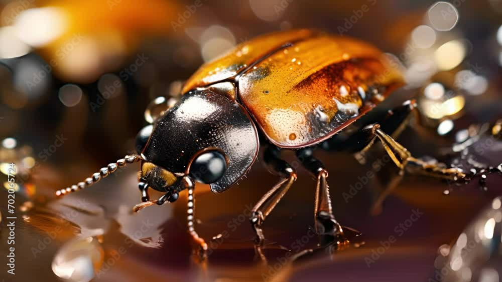 An extreme closeup of a beetles body shows tiny droplets of oil ...